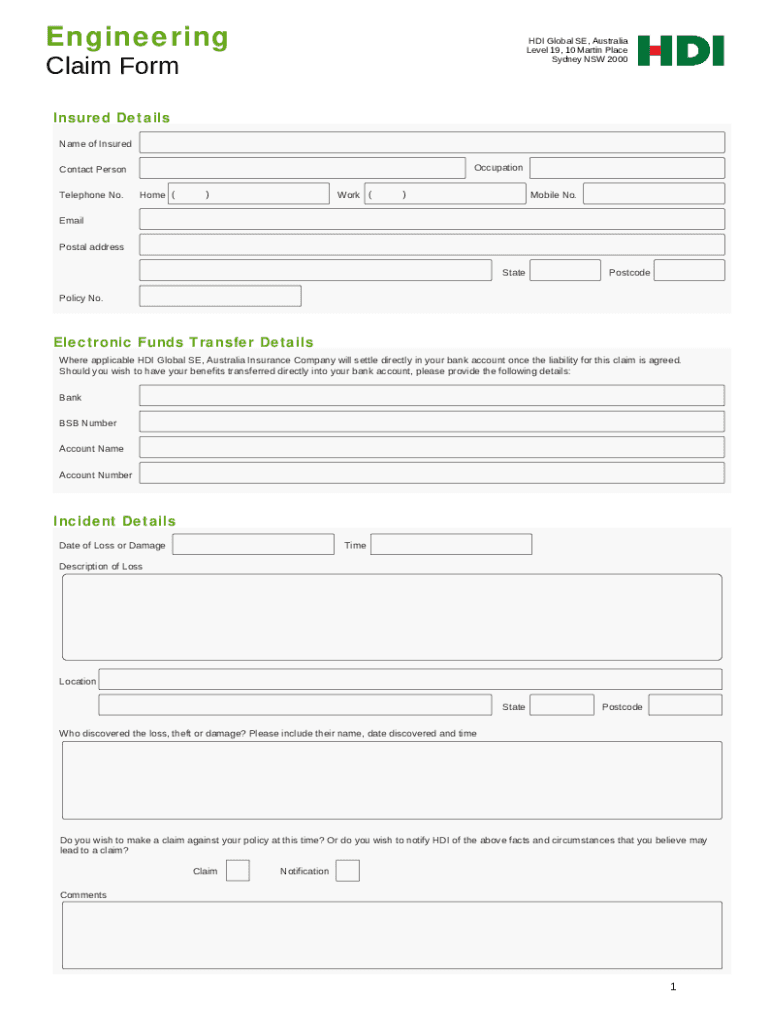 Fillable Online HDI Global Claim Form. Construction & Engineering Fax ...