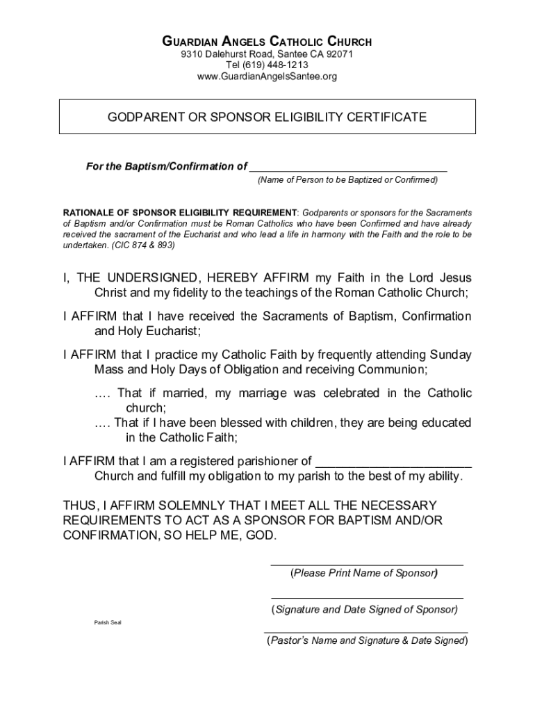 Fillable Online Guardian Angels SanteeRoman Catholic Church in Santee ... Fax Email Print ...