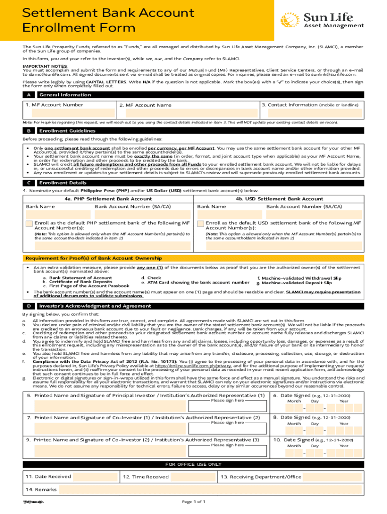Fillable Online SLAMCI - Settlement Bank Account Enrollment Form Fax Email Print - pdfFiller