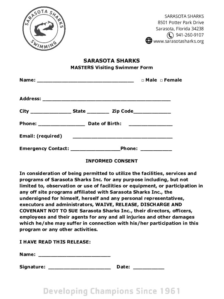 Fillable Online Sarasota Sharks - Swimming Lessons/Schools Fax Email ...
