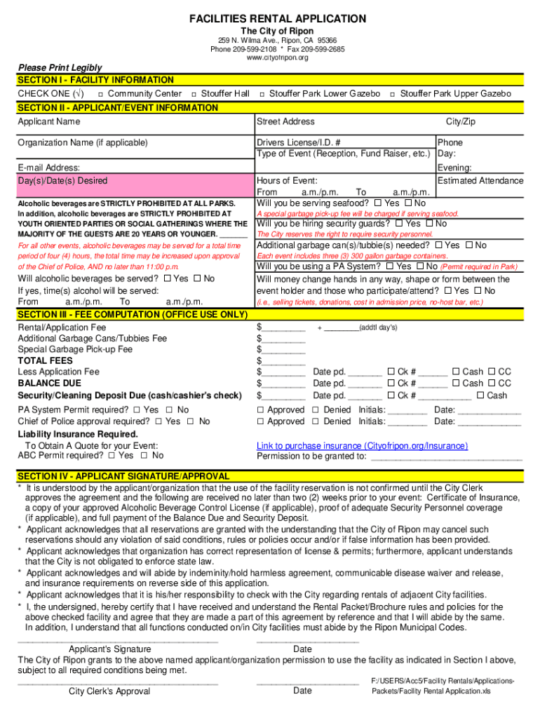 Fillable Online FACILITIES RENTAL APPLICATION - cloudfront.net Fax ...
