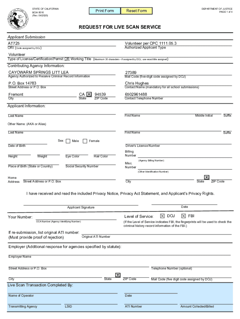 Fillable Online BCIA 8016 - Request for Live Scan Service - DHS Fax ...