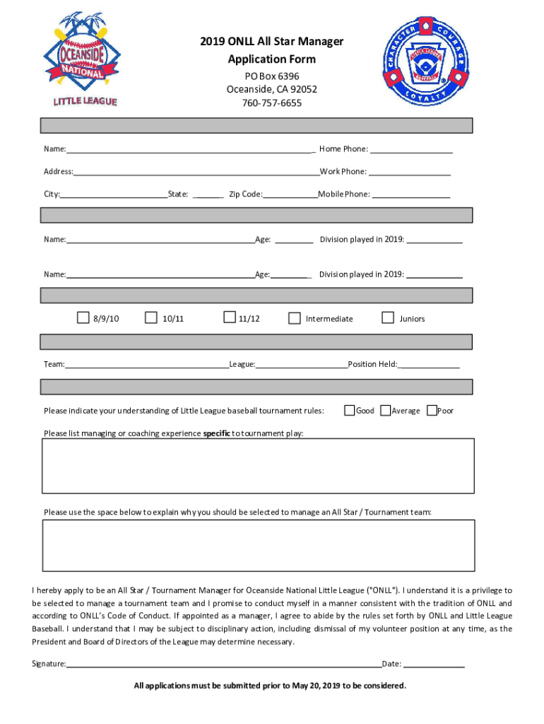 Fillable Online 2019 ONLL All Star Manager Application Form ...