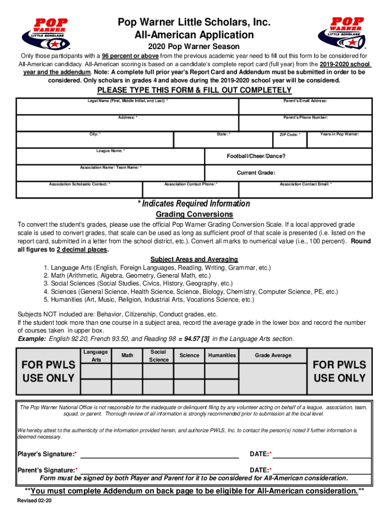 Fillable Online Pop Warner Little Scholars, Inc. All-American Application FOR ... Fax Email ...