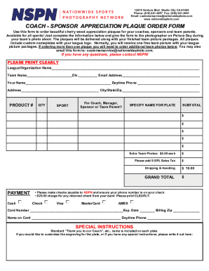 Fillable Online COACH - SPONSOR APPRECIATION PLAQUE ORDER FORM Fax ...