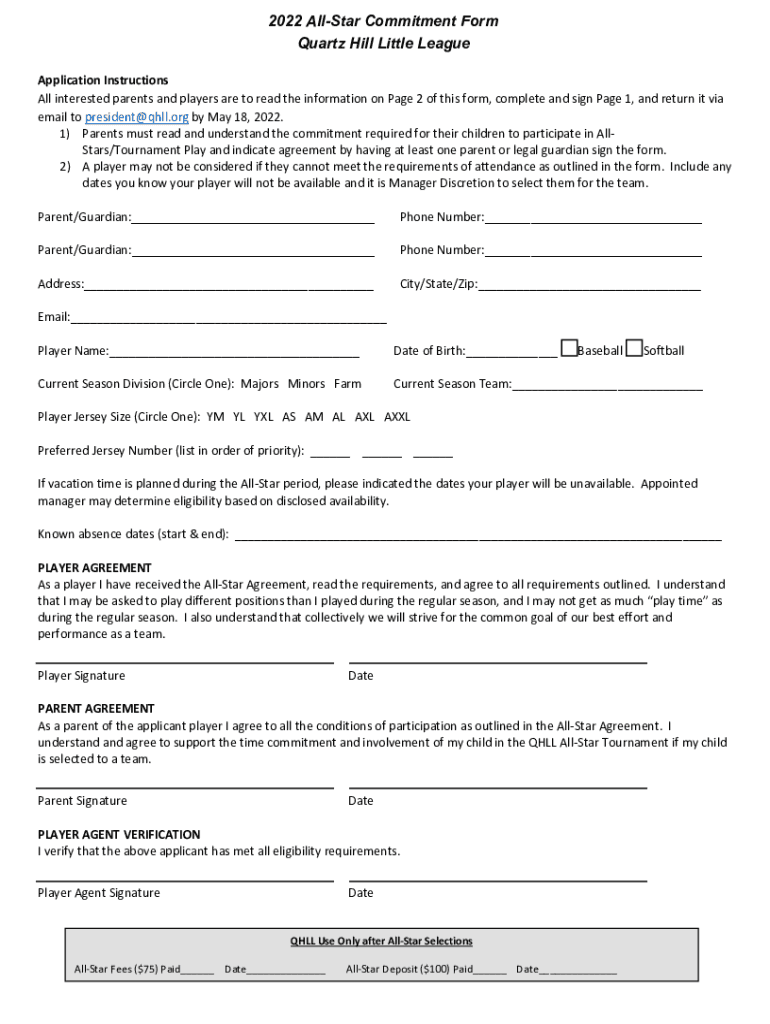 Fillable Online 2022 All-Star Commitment Form Quartz Hill Little League ...