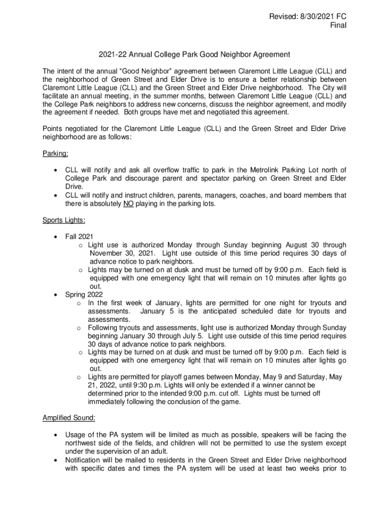 Fillable Online This is a good neighbor agreement between Claremont ...