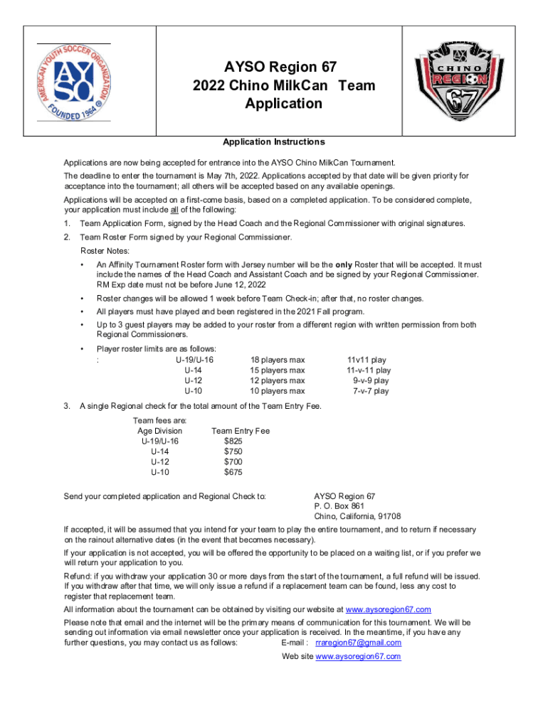Fillable Online AYSO Region 67 2022 Chino MilkCan Team Application Fax ...