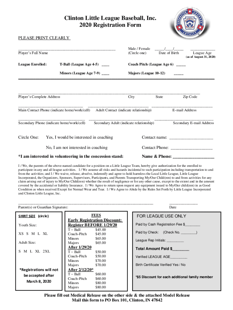 Fillable Online Clinton Little League Baseball, Inc. 2020 Registration Form Fax Email Print ...