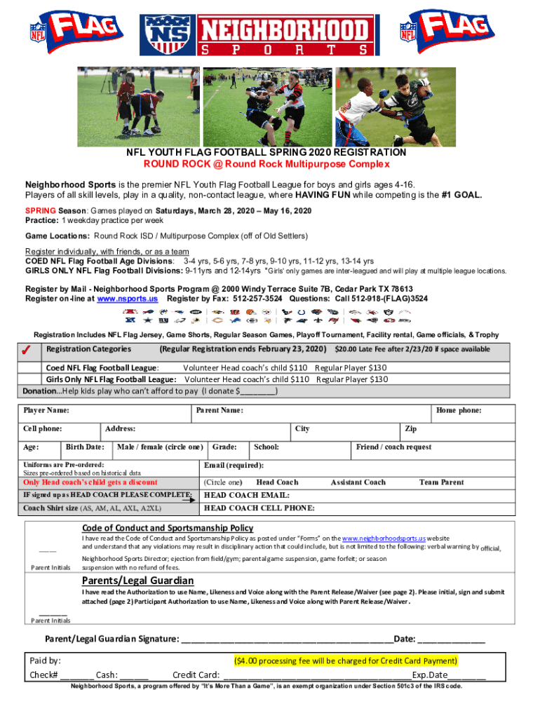 Fillable Online 2020 Spring Round Rock Youth Flag Football Registration FormNewFormat Fax Email ...