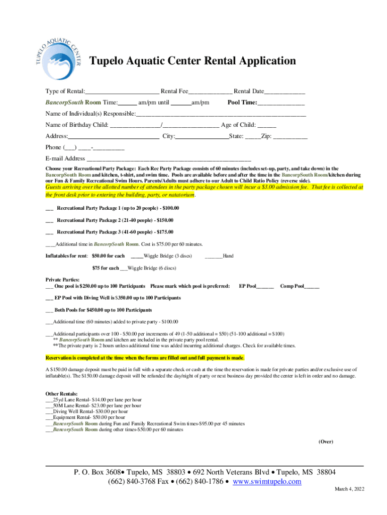 Fillable Online Tupelo Aquatic Center Rental Application Fax Email ...