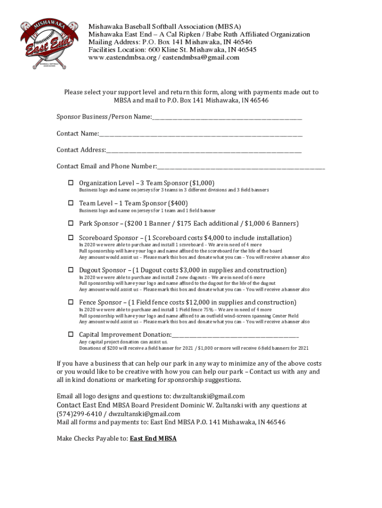 Fillable Online East End MBSA (Mishawaka Baseball Softball Association ...
