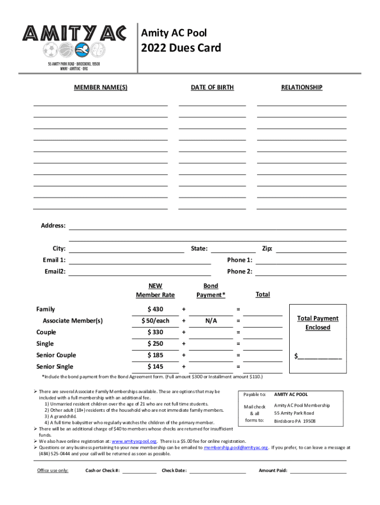 Fillable Online Amity AC Pool - 2022 Dues Card - cloudfront.net Fax Email Print - pdfFiller