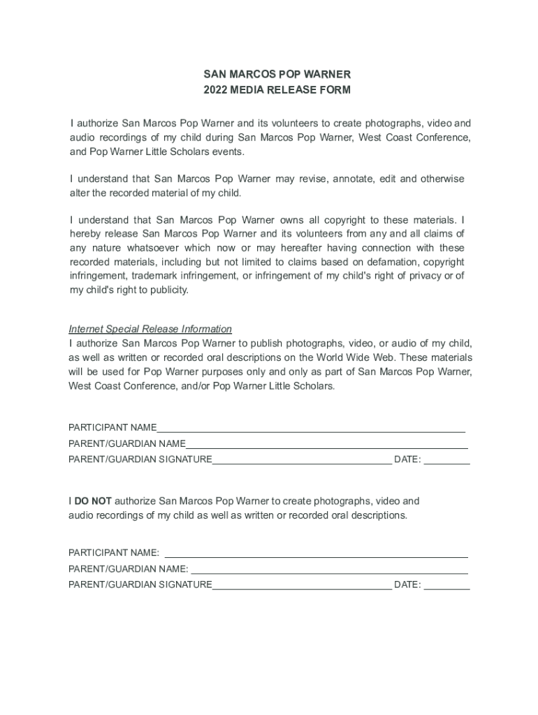 Fillable Online SAN MARCOS POP WARNER Fax Email Print - pdfFiller