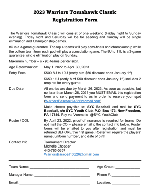 Fillable Online 2023 Warriors Tomahawk Classic - Registration Form Fax ...