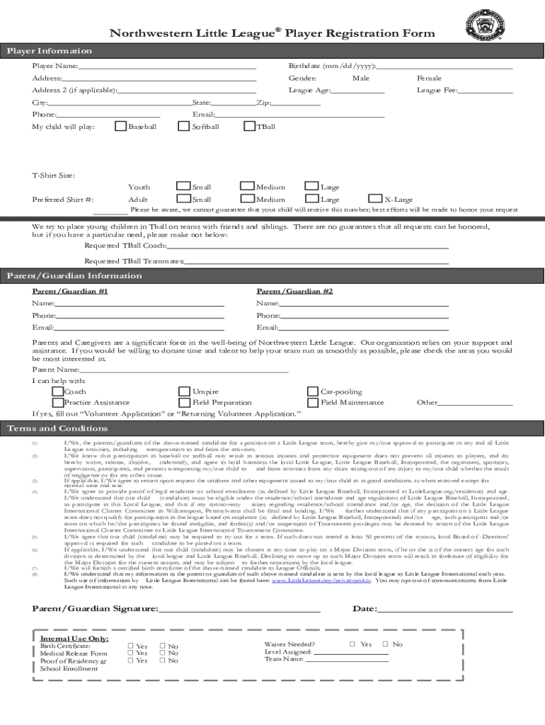 Fillable Online Northwestern Little League Player Registration Form Fax Email Print - pdfFiller