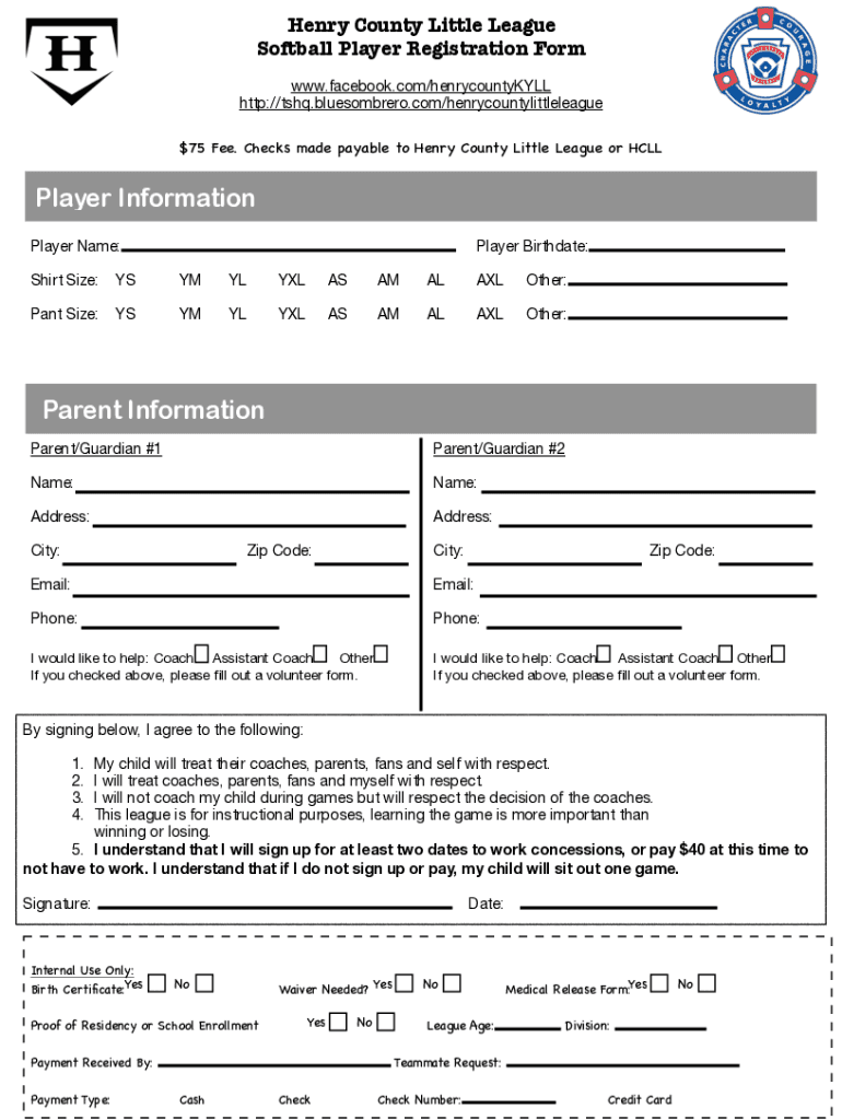 Fillable Online Henry County Little League Softball Player Registration ...