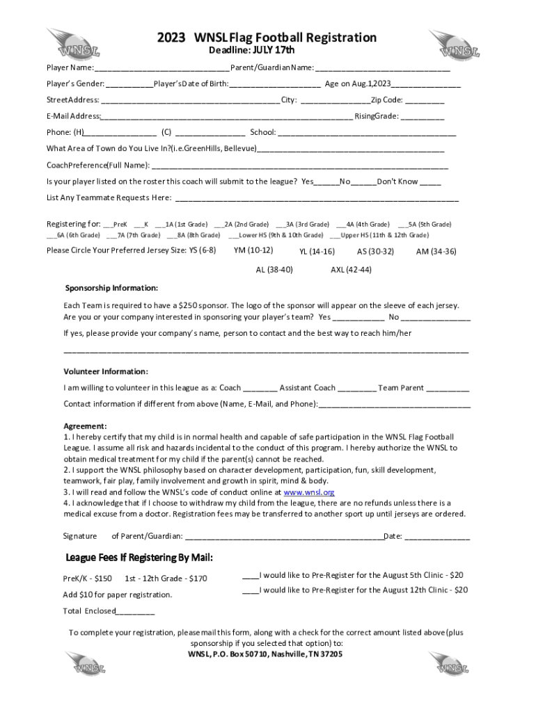 Fillable Online WNSL Flag Football League (FFL) Frequently Asked ...