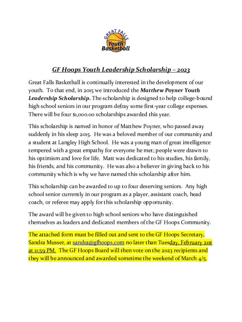 Fillable Online GF Hoops Awards Matthew Poyner Youth Leadership ... Fax ...
