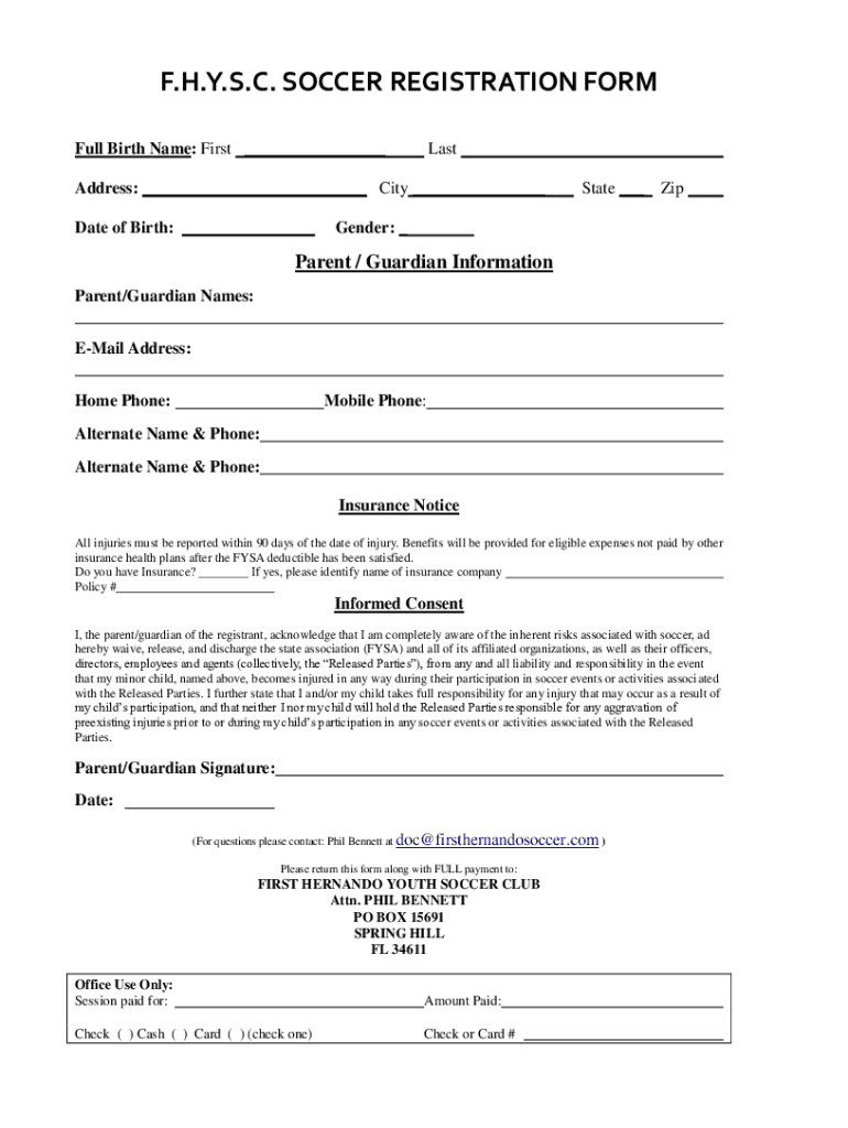 Fillable Online First Hernando Youth Soccer Registration Form - cloudfront.net Fax Email Print ...
