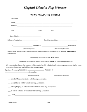 Fillable Online Capital District Pop Warner - 2023 waiver form ...