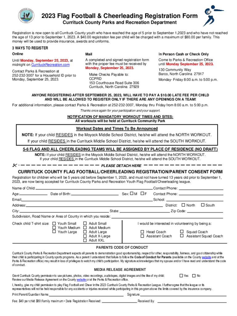 Fillable Online Currituck County Parks & Recreation Flag Football & Cheerleading Registration ...