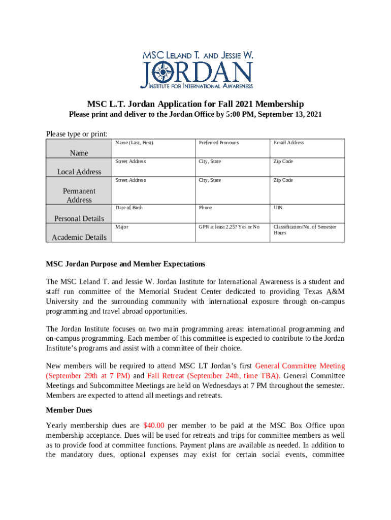 MSC LT Jordan Application for Fall 2021 Membership - ltjordan tamu Doc Template | pdfFiller