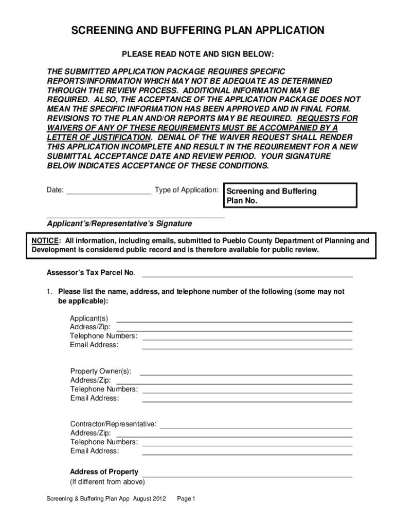 Fillable Online county pueblo screening and buffering plan application ...