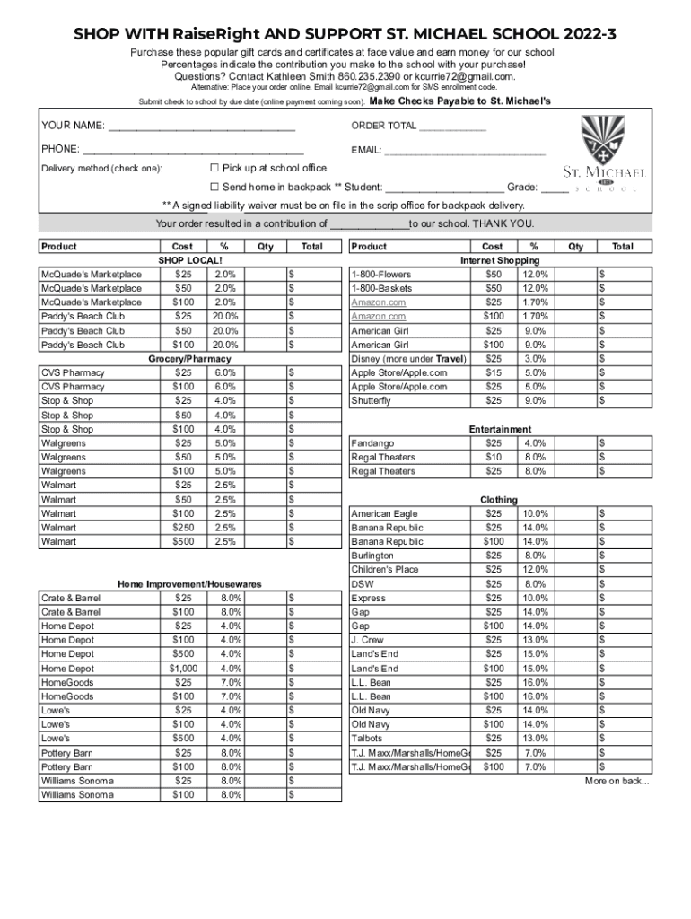 Fillable Online Gift Cards (SCRIP) :: St. Michael the Archangel ...