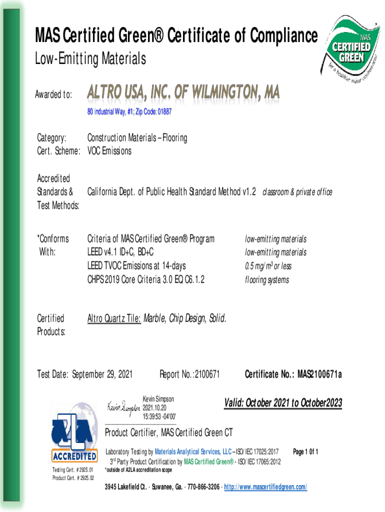 Fillable Online Certified Green Certificate of Compliance - Low ...