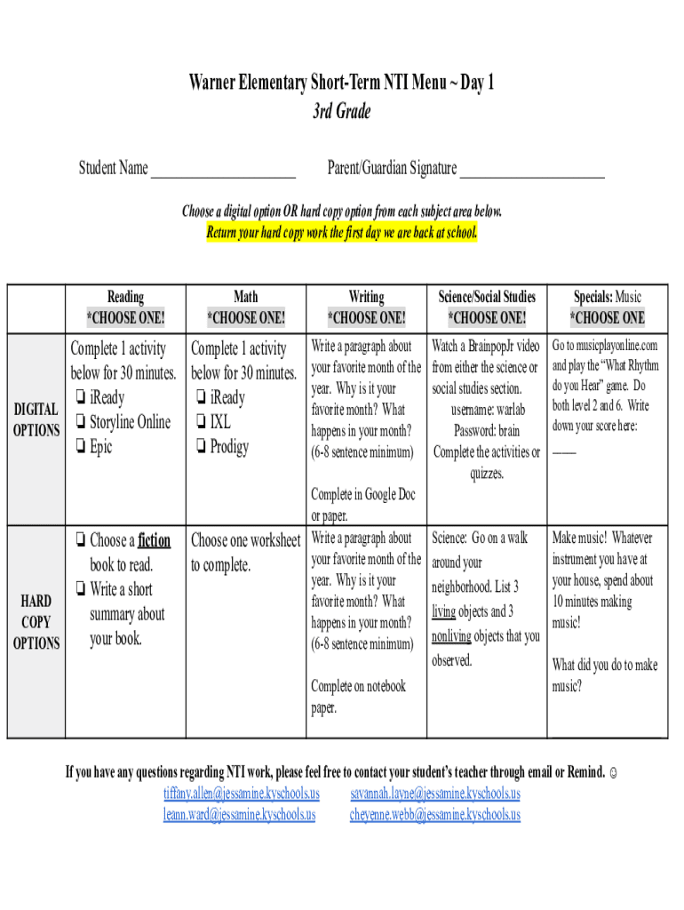 Fillable Online 3rd Grade Short-Term NTI Menu Template- Warner ...