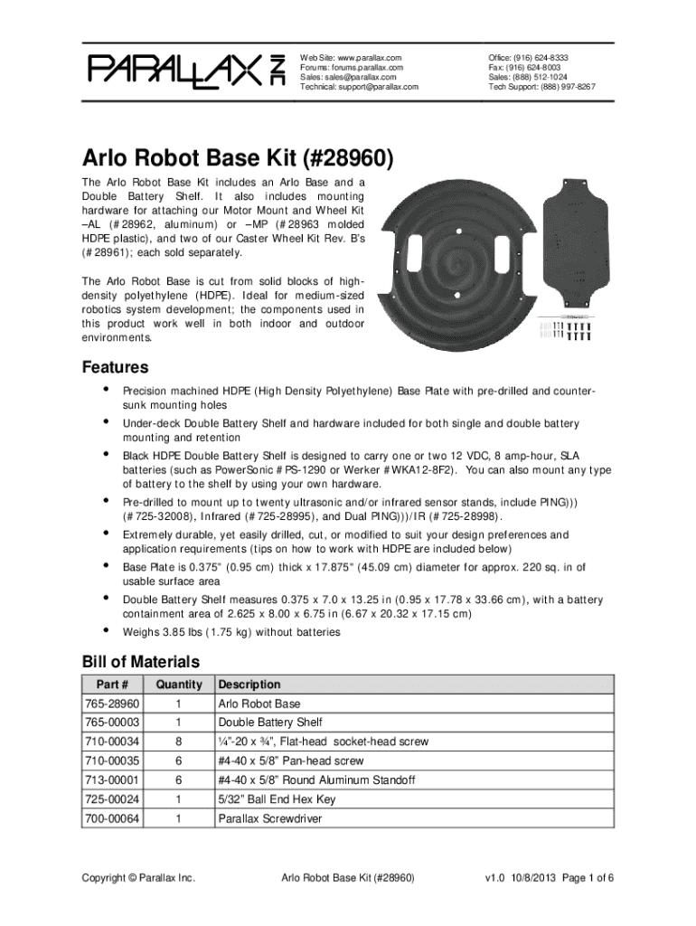 Fillable Online Arlo Robot Base Kit 28960 Product Documentation And Assembly Guide Fax Email