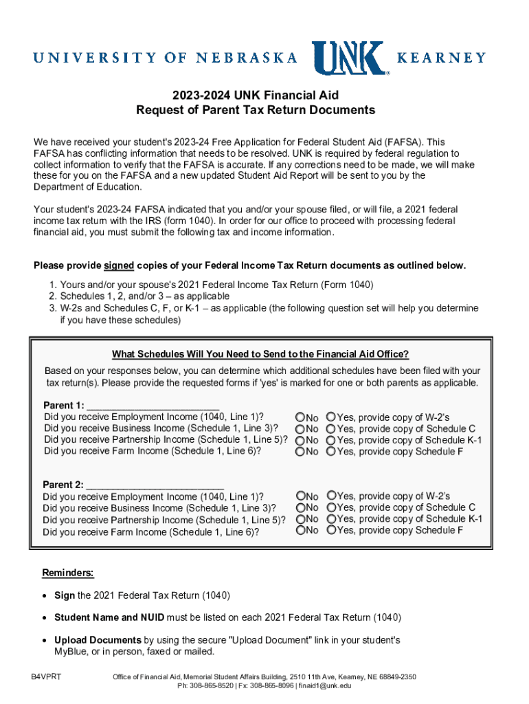Fillable Online 2023-2024 UNK Financial Aid Request of Parent Tax ...