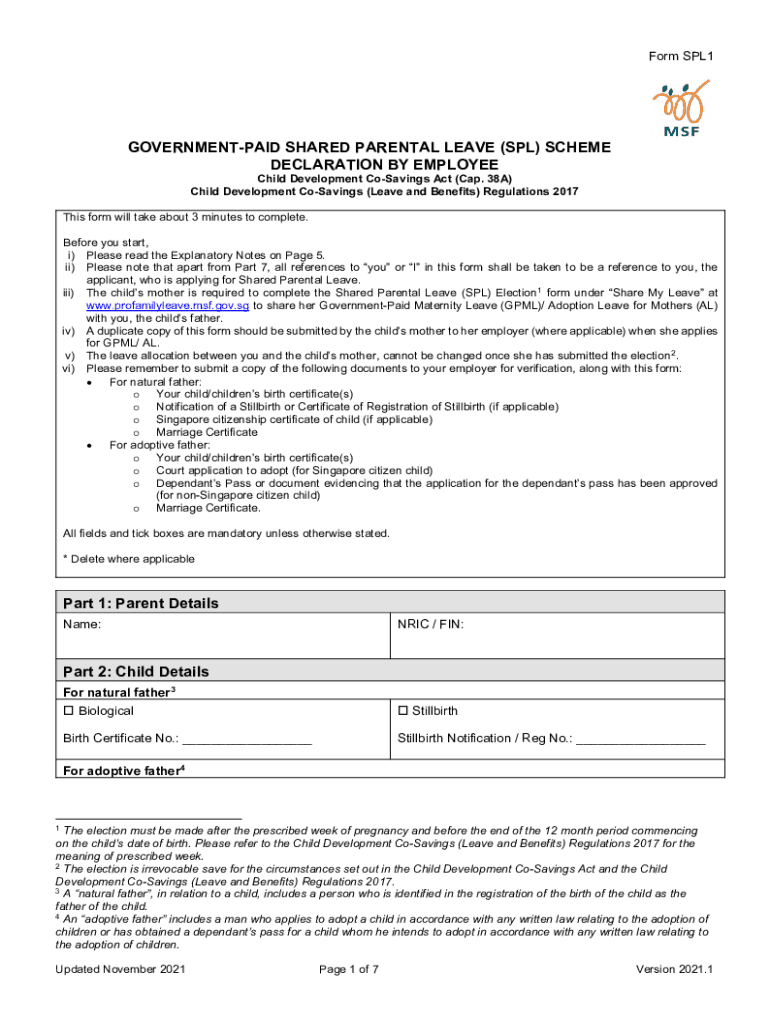 Fillable Online Get the free Form SPL1 SHARED PARENTAL LEAVE (SPL ... Fax Email Print - pdfFiller