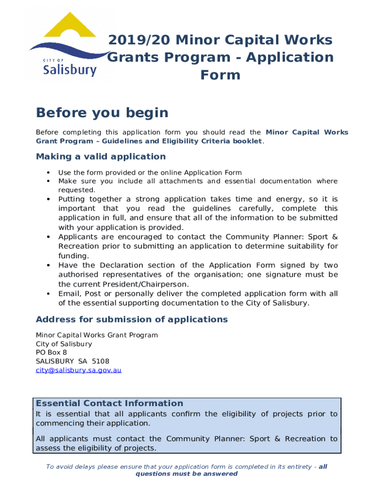 Minor Capital Works Grant Program Application Doc Template | pdfFiller