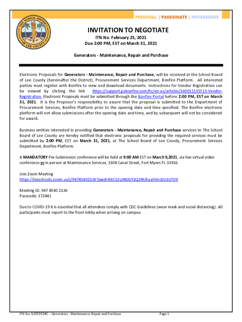 Fillable Online GENERATOR INSPECTION AND PM SERVICE ITB-034- ... Fax ...