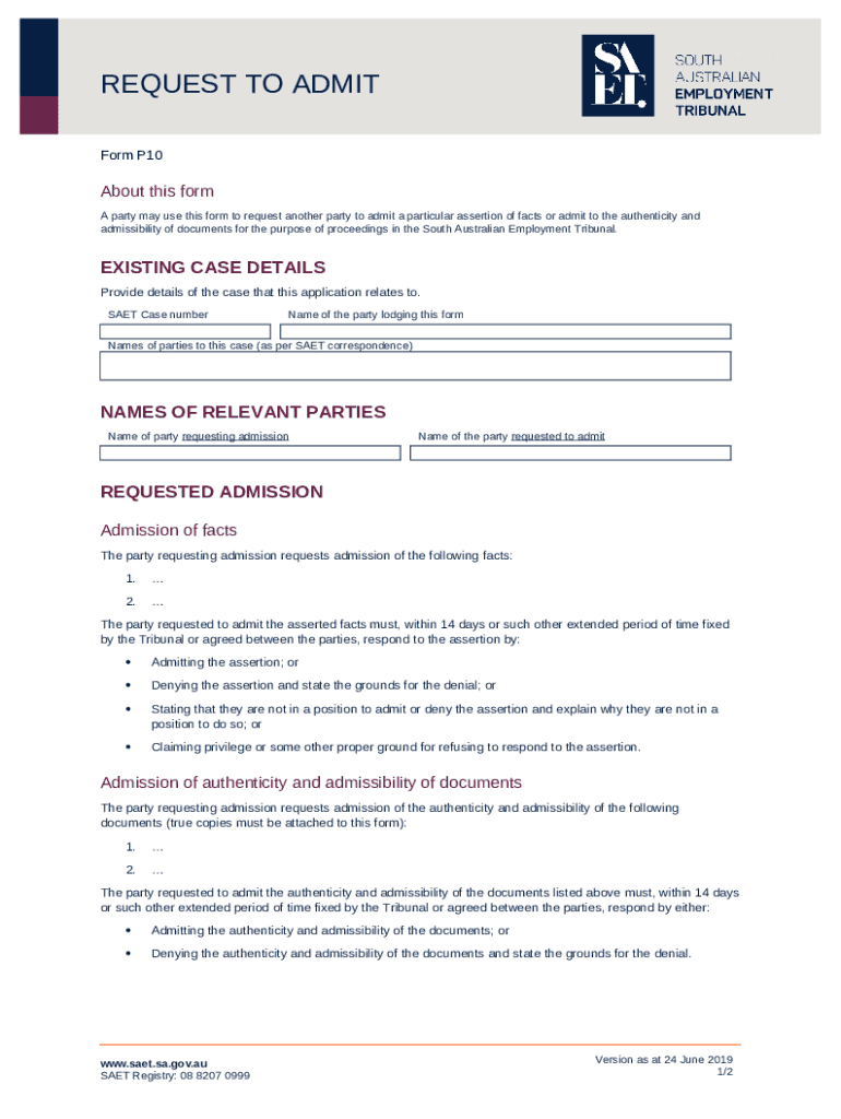 Request to Admit. P10 Doc Template | pdfFiller