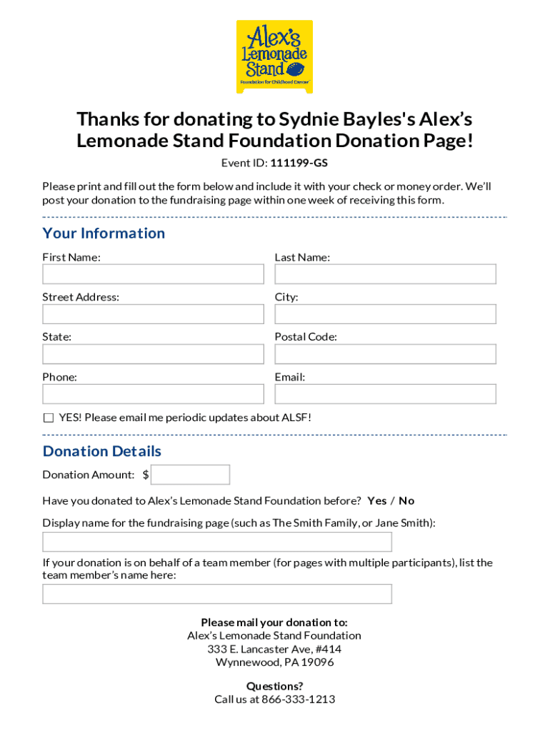 Fillable Online Thanks for donating to Sydnie Bayles's Alex's Lemonade ...