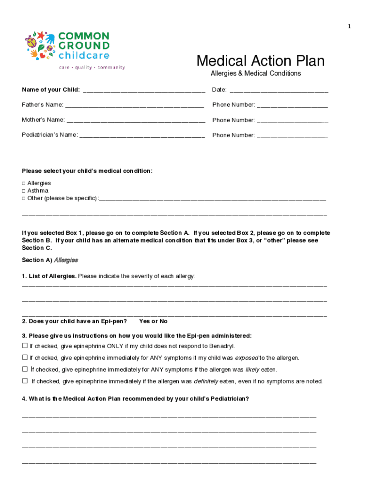 Medical Action Plan for Child Allergies and Conditions - Blank Fillable ...