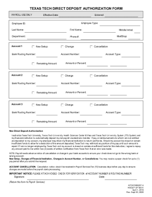 Fillable Online TEXAS TECH DIRECT DEPOSIT AUTHORIZATION FORM Fax Email Print - pdfFiller
