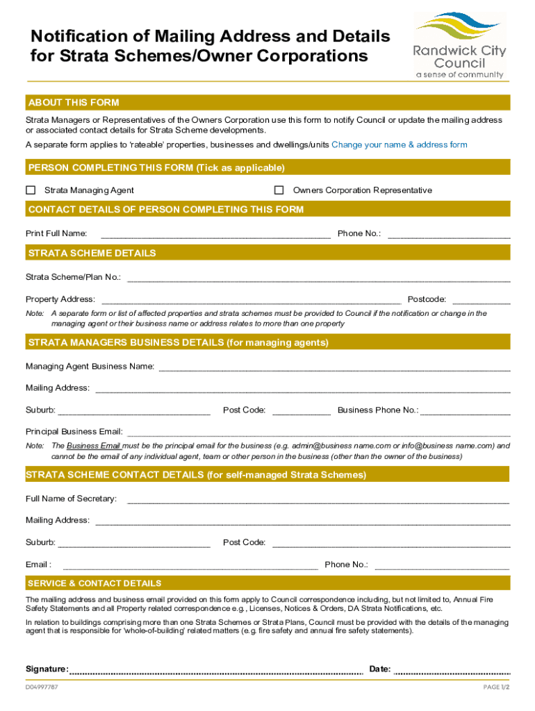 Fillable Online Notification of Mailing Address and Details for Strata ...