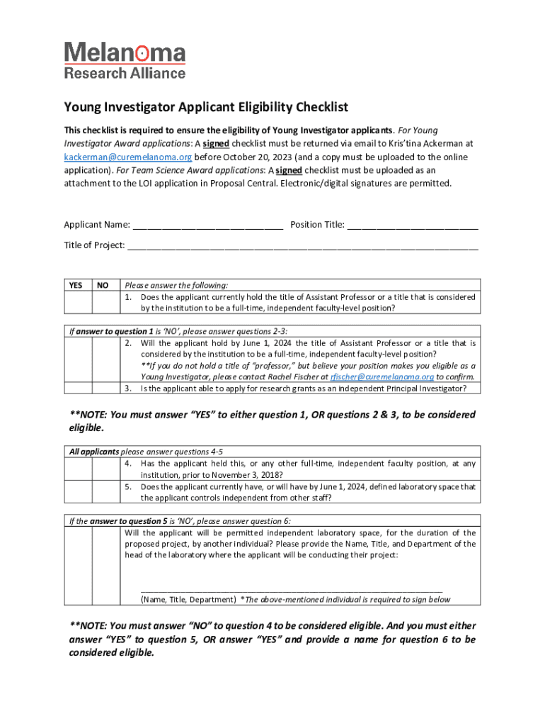 Fillable Online Young Investigator Applicant Eligibility Checklist Fax ...