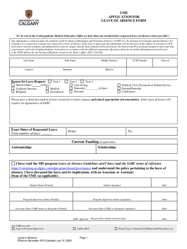 Fillable Online cumming ucalgary ume application for leave of absence form Fax Email Print ...