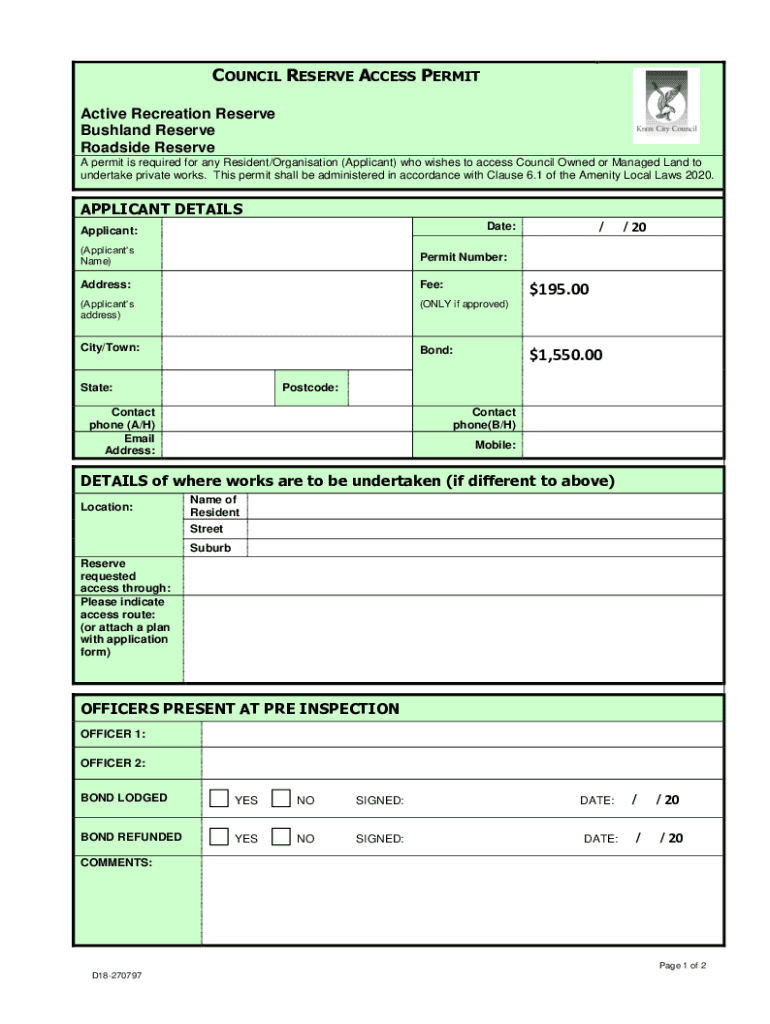 Fillable Online Permit Application to use a Park, Reserve or Foreshore on ... Fax Email Print ...