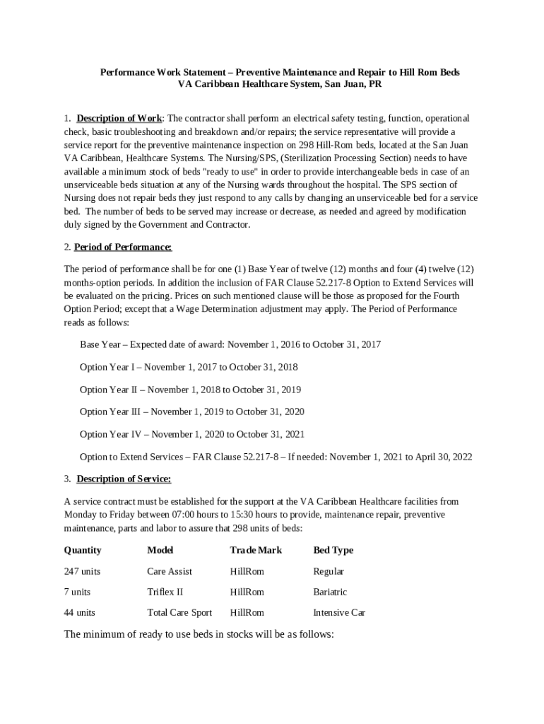 Perance Work Statement - Preventive Maintenance and Repair to Hill Rom Beds Doc Template | pdfFiller