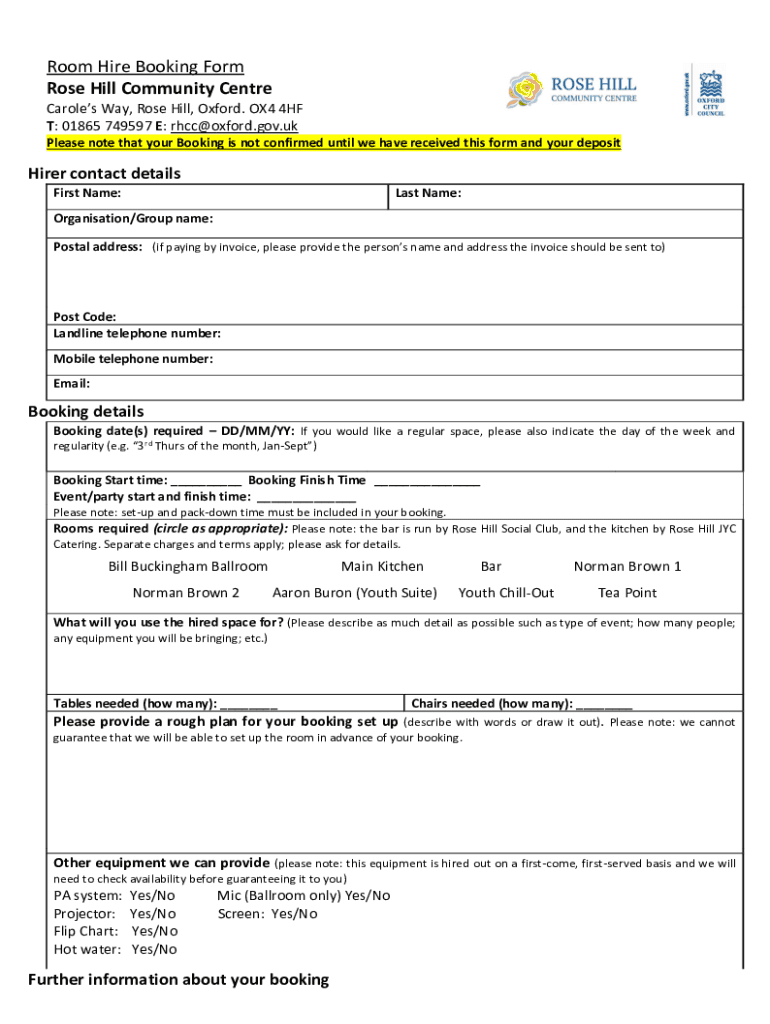 Fillable Online Room Hire Booking Form Rose Hill Community Centre Fax ...
