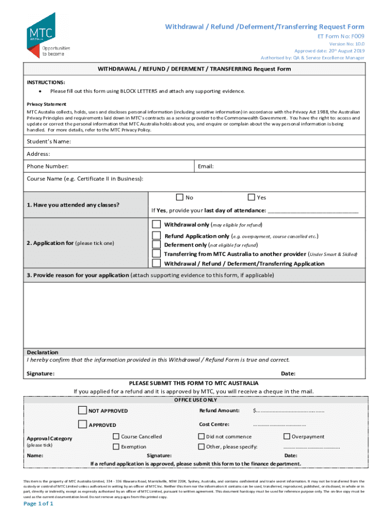 Fillable Online Withdrawal / Refund /Deferment/Transferring Request Form Fax Email Print - pdfFiller