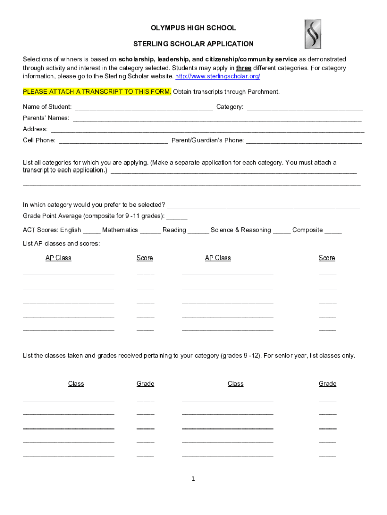 Fillable Online 1 OLYMPUS HIGH SCHOOL STERLING SCHOLAR APPLICATION Fax ...