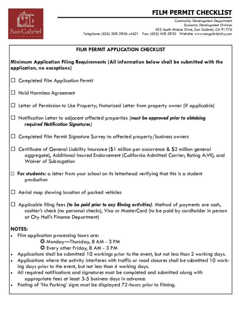 Fillable Online FILM PERMIT CHECKLIST Fax Email Print - pdfFiller