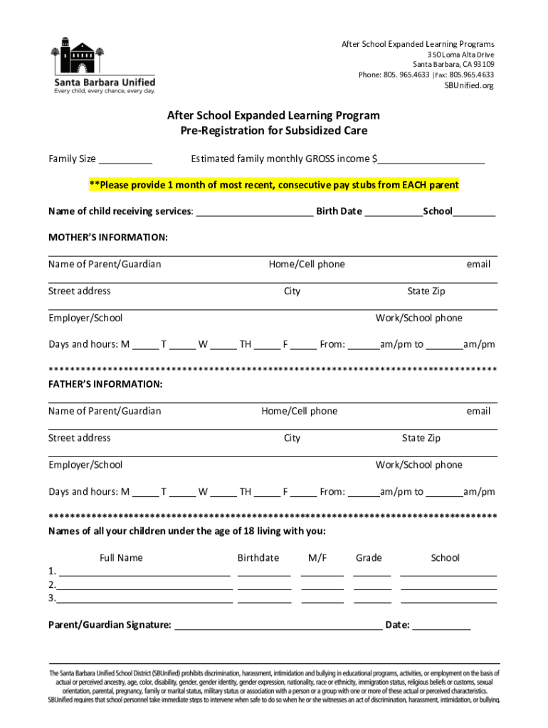 Fillable Online After School Expanded Learning Program Pre-Registration ...